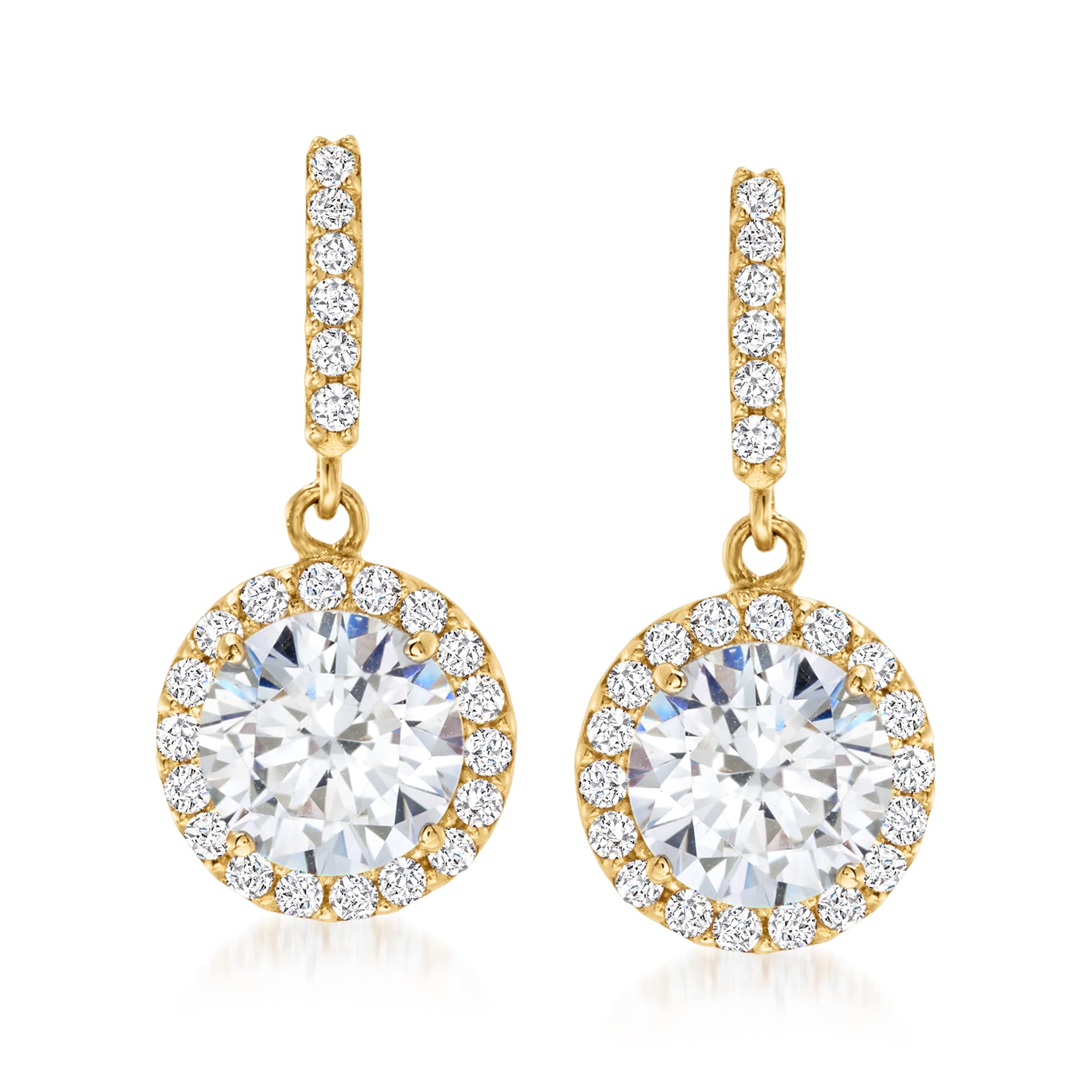 Ross-Simons 1.80 ct. t.w. CZ Halo Drop Earrings in 14kt Yellow Gold