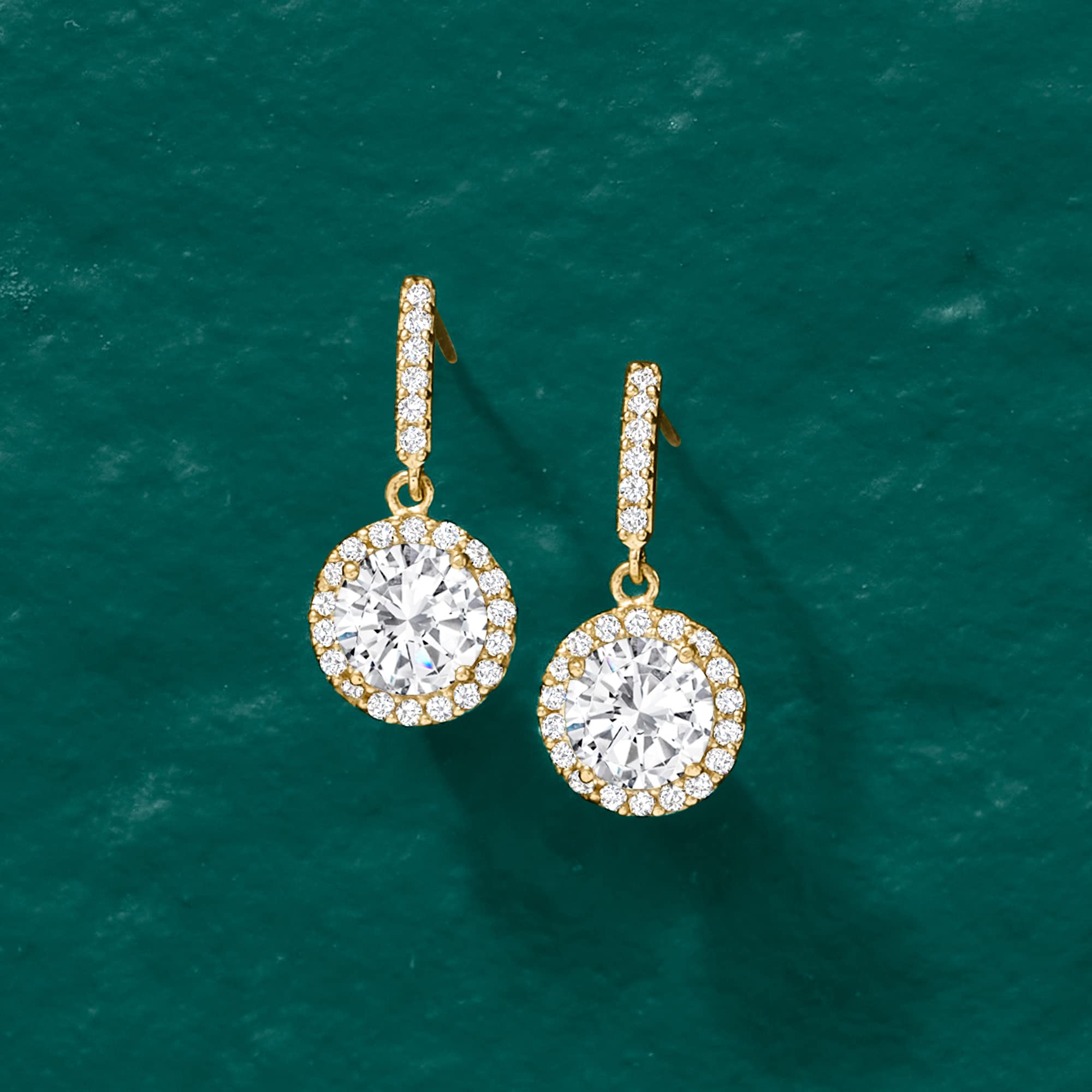 Ross-Simons 1.80 ct. t.w. CZ Halo Drop Earrings in 14kt Yellow Gold