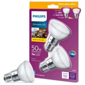 Philips LED Classic Glass Dimmable PAR20 40-Degree Spot Light Bulb with Warm Glow Effect: 500-Lumen, 2200-3000-Kelvin, 7-Watt (50-Watt Equivalent), E26 Base, Bright White, 2-Pack