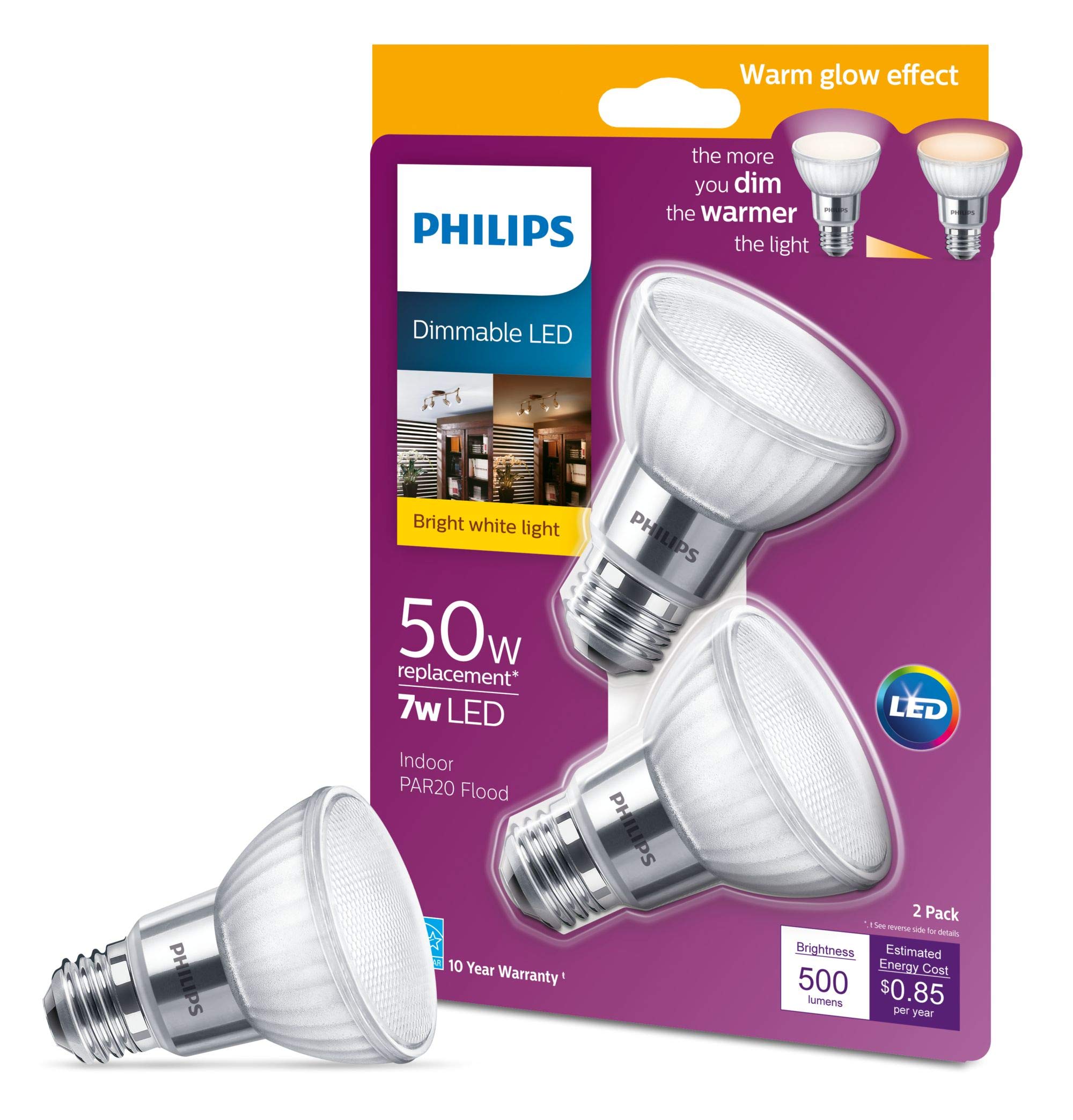 Philips LED Classic Glass Dimmable PAR20 40-Degree Spot Light Bulb with Warm Glow Effect: 500-Lumen, 2200-3000-Kelvin, 7-Watt (50-Watt Equivalent), E26 Base, Bright White, 2-Pack