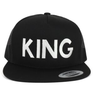 Trendy Apparel Shop King and Queen Embroidered 5 Panel Flat Bill Mesh Cap - 2pc Set - Black