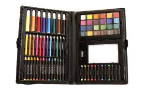 100 piece kids art set. 12 color pencils 14 crayons 8 markers 24 watercolor paints 12 oil pastels 26-page drawing pad 1 paint palette 1 plastic brush 1 pencil sharpener 1 plastic storage case