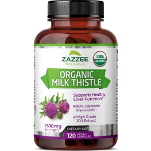 zazzee usda organic milk thistle 30:1 extract, 7500 mg strength, 120 vegan capsules, 80% silymarin flavonoids, standardized and concentrated 30x extract, 100% vegetarian, all-natural and non-gmo