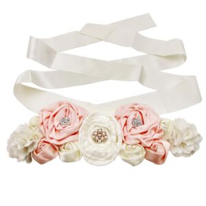 lujuny floral bridal maternity sash belt – flower ribbon tie for women girls wedding pregnant baby shower party photoshoot (beige pink)