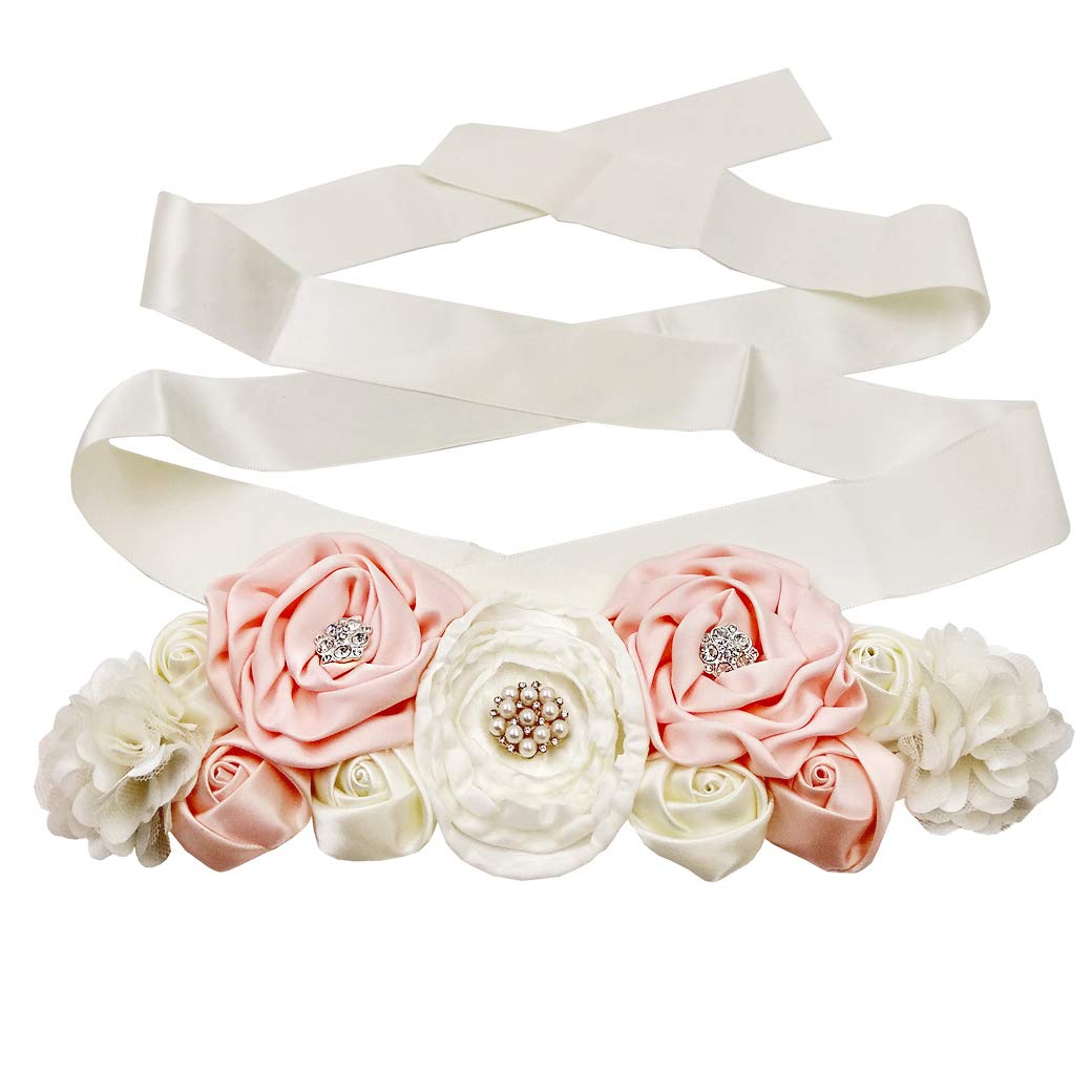 Lujuny Floral Bridal Maternity Sash Belt – Flower Ribbon Tie for Women Girls Wedding Pregnant Baby Shower Party Photoshoot (Beige Pink)