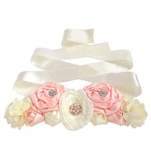 Lujuny Floral Bridal Maternity Sash Belt – Flower Ribbon Tie for Women Girls Wedding Pregnant Baby Shower Party Photoshoot (Beige Pink)