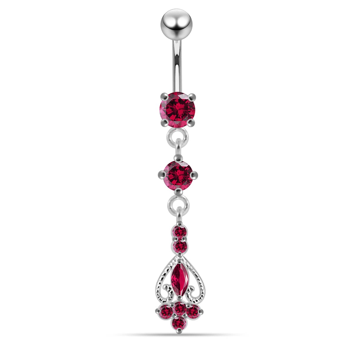 Red CZ Gemstone 2 Round with Filigree Flower Dangling 925 Sterling Silver Belly Ring Body Jewelry