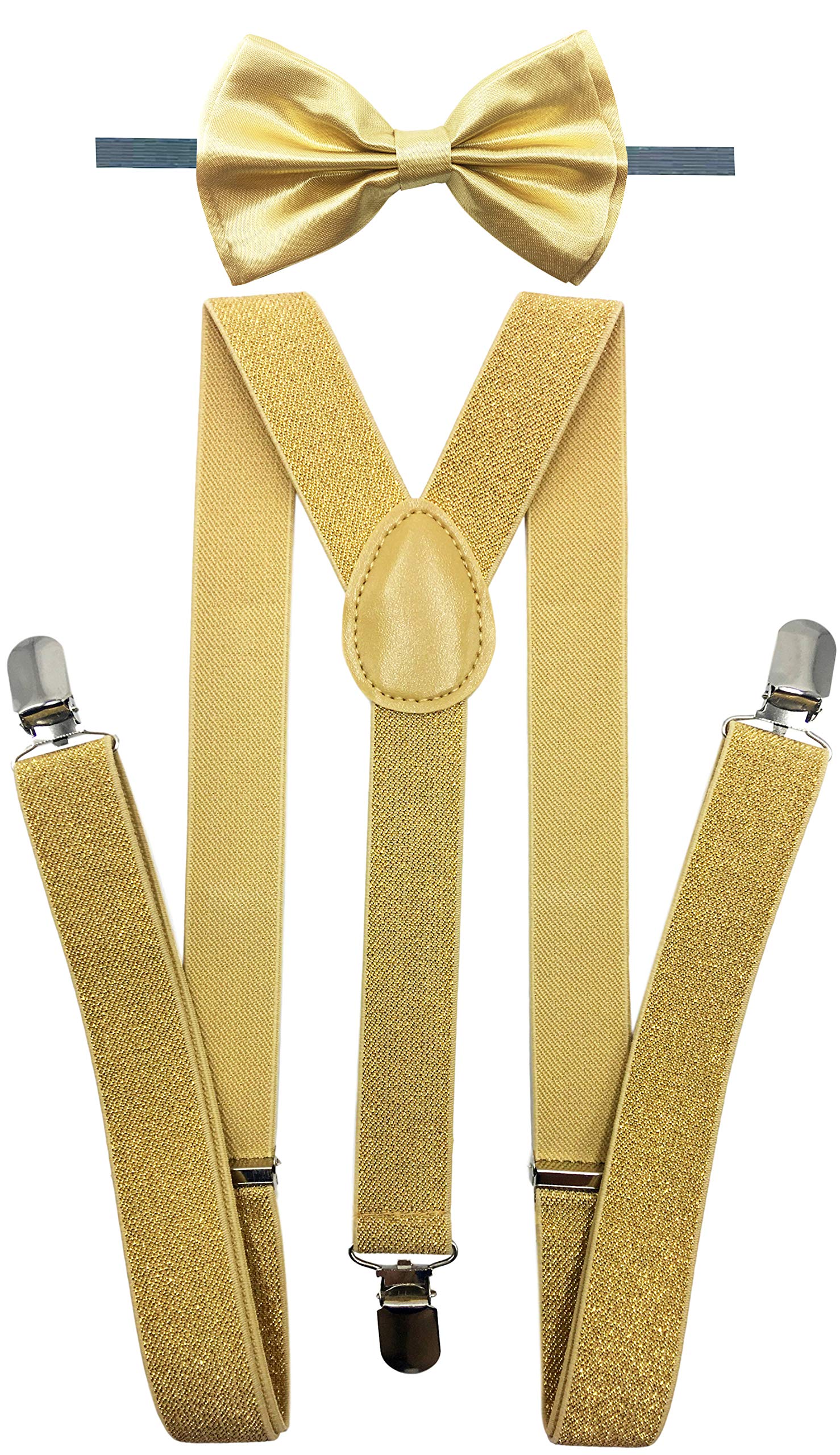 Consumable Depot CD Gold Suspender with Matching Metalic, Champagne, Sequined Bowtie Set (Champagne Gold)