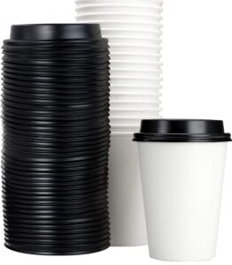 white 12 oz paper coffee cups with recyclable dome lids, 100 pk. bpa free disposable drink cup set for serving hot tea and lattes at kiosks, shops, cafes, or concession stand