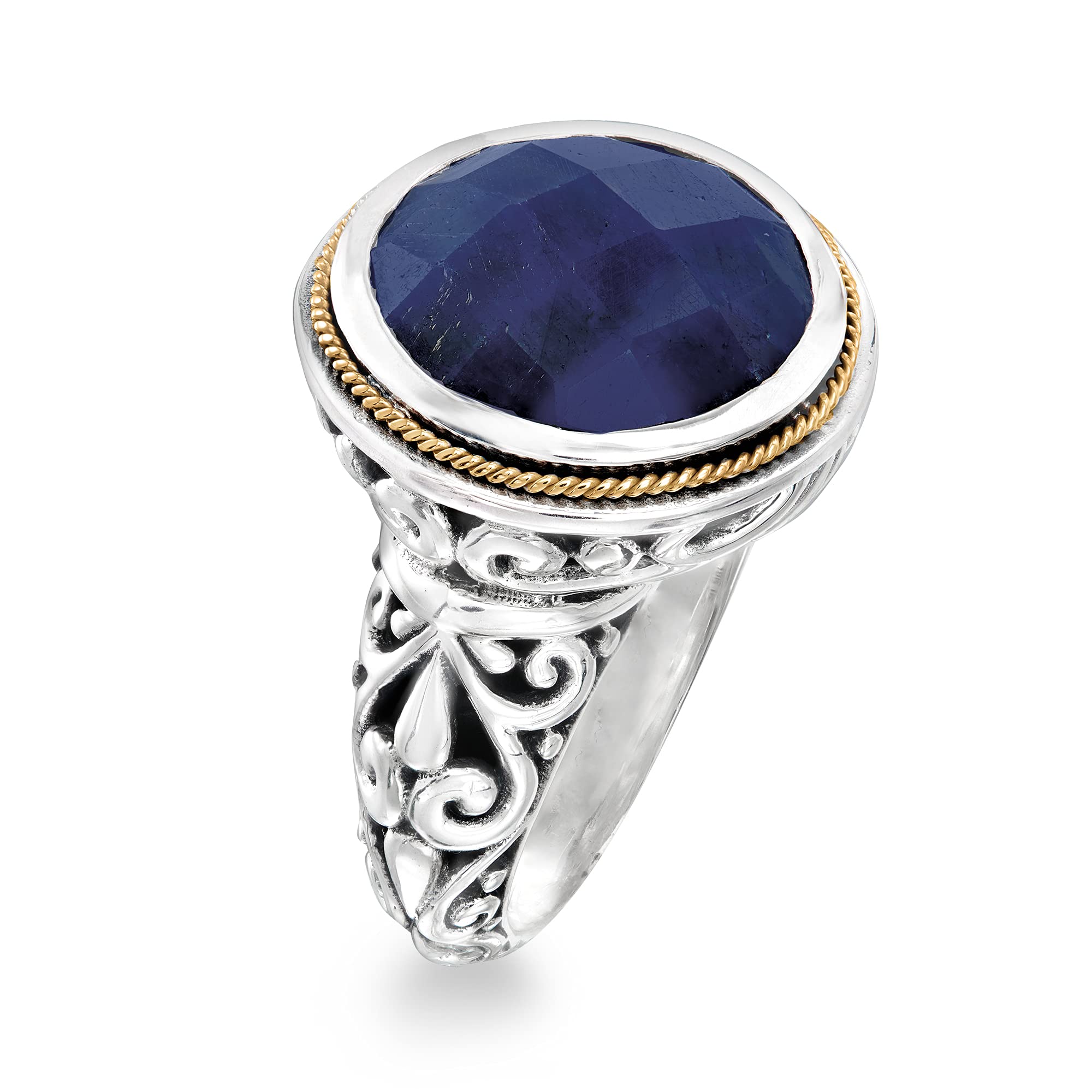 Ross-Simons 15.00 Carat Sapphire Bali-Style Ring in Sterling Silver and 18kt Yellow Gold. Size 8