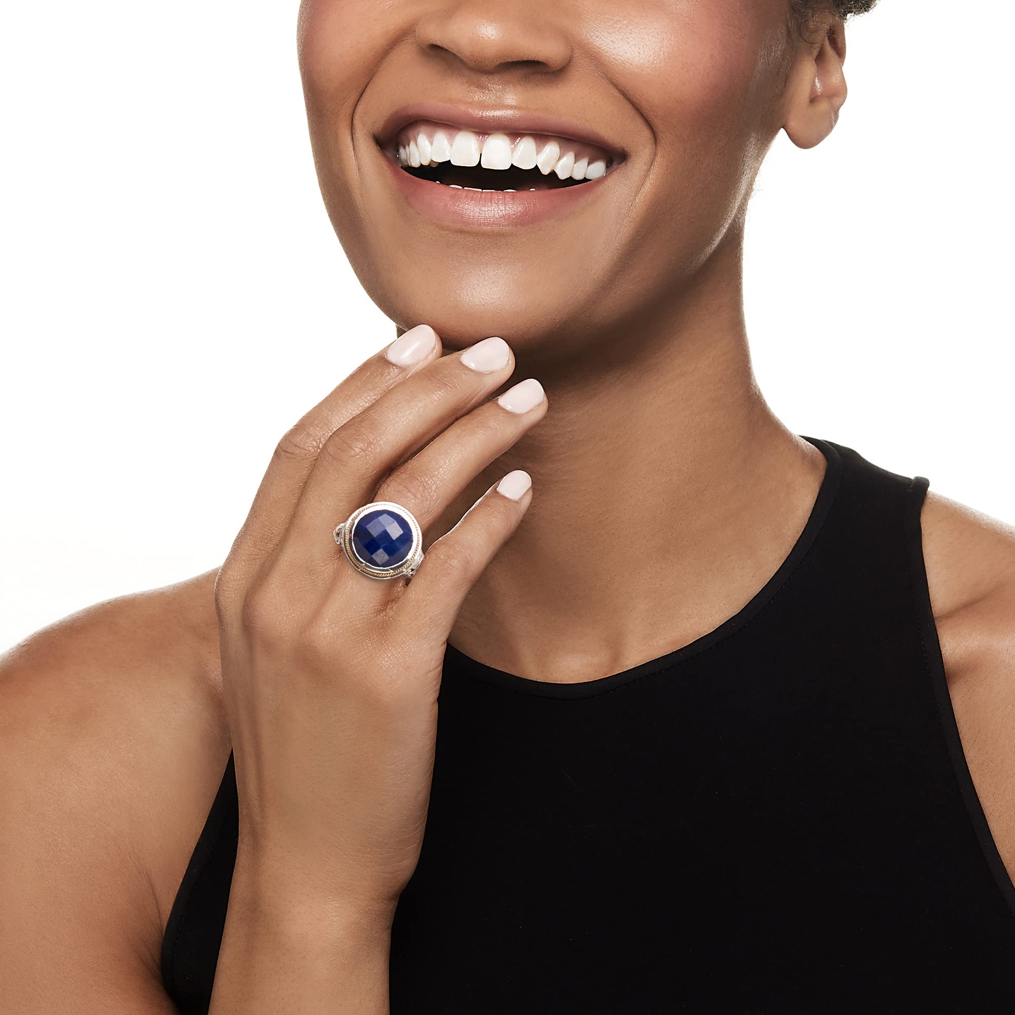 Ross-Simons 15.00 Carat Sapphire Bali-Style Ring in Sterling Silver and 18kt Yellow Gold. Size 8