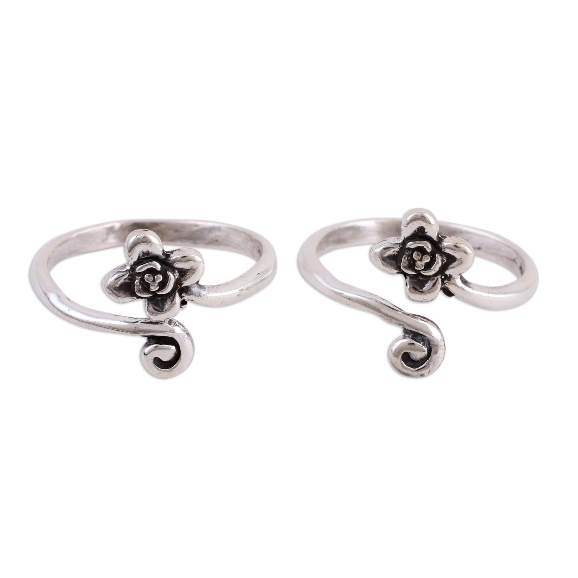 NOVICA Artisan Handmade Sterling Silver Toe Rings Flower Motif Pair No Stone India Floral [ 2 mm W] ' Flower and Swirl' Pair