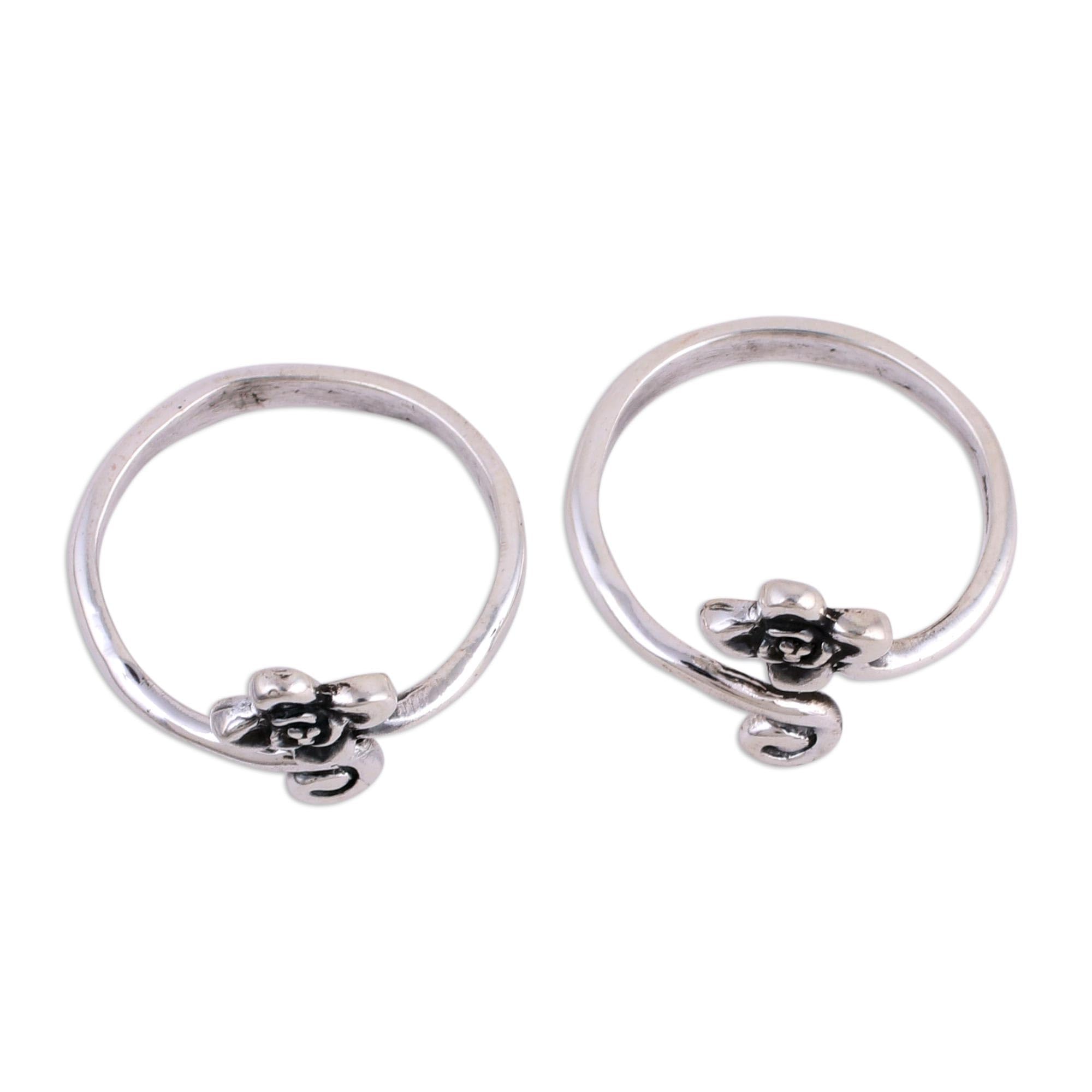 NOVICA Artisan Handmade Sterling Silver Toe Rings Flower Motif Pair No Stone India Floral [ 2 mm W] ' Flower and Swirl' Pair