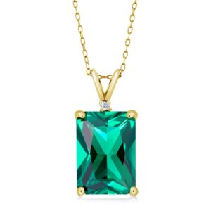 gem stone king 18k yellow gold plated silver green nano emerald and white diamond pendant necklace for women (6.52 cttw, gemstone may birthstone, emerald cut 14x10mm, with 18 inch silver chain)