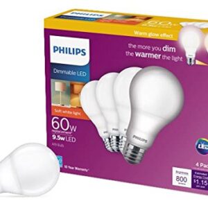 Philips LED Dimmable A19 Light Bulb with Warm Glow Effect 800-Lumen, 2200-2700 Kelvin, 9.5-Watt (60-Watt Equivalent), E26 Base, Frosted, Soft White, 4-Pack