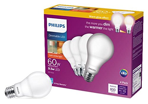 Philips LED Dimmable A19 Light Bulb with Warm Glow Effect 800-Lumen, 2200-2700 Kelvin, 9.5-Watt (60-Watt Equivalent), E26 Base, Frosted, Soft White, 4-Pack