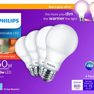 Philips LED Dimmable A19 Light Bulb with Warm Glow Effect 800-Lumen, 2200-2700 Kelvin, 9.5-Watt (60-Watt Equivalent), E26 Base, Frosted, Soft White, 4-Pack