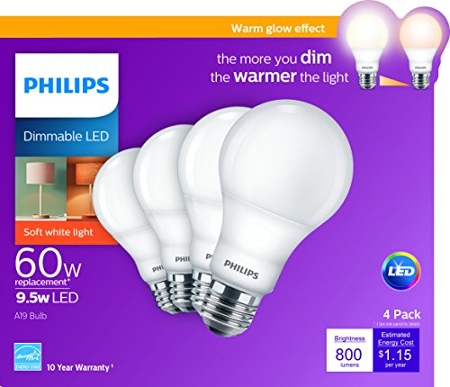 Philips LED Dimmable A19 Light Bulb with Warm Glow Effect 800-Lumen, 2200-2700 Kelvin, 9.5-Watt (60-Watt Equivalent), E26 Base, Frosted, Soft White, 4-Pack