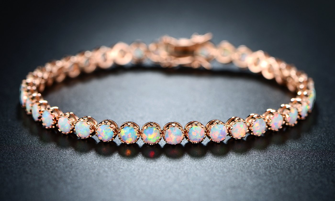 Barzel 18K Rose Gold Plated Created Opal Tennis Bracelet Crown (Rose Gold)