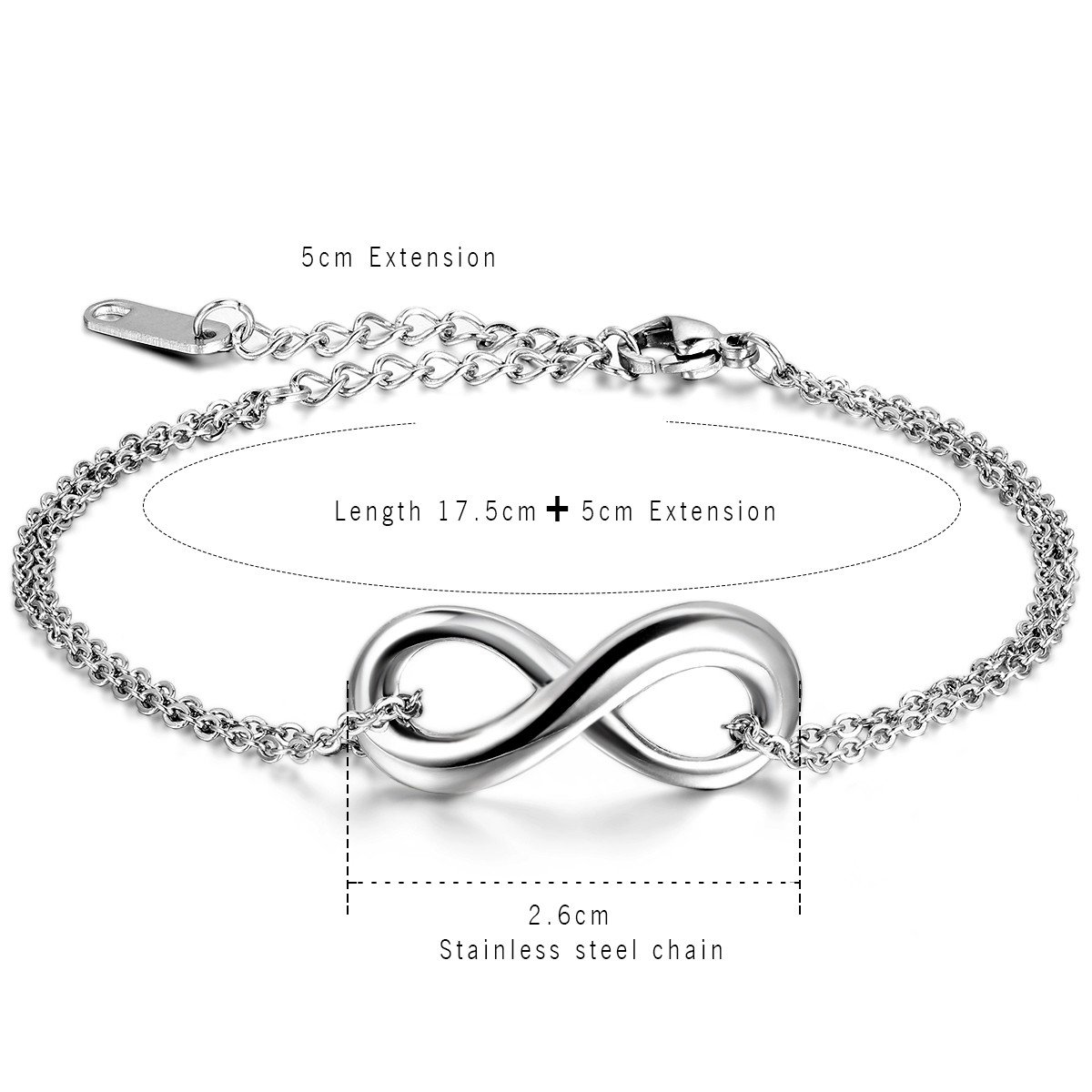 Aroncent 2pcs Link Bracelet for Couple Infinity Endless Love Symbol Charm Bracelet Adjustable Anklet Stainless Steel Bracelet for Boyfriend Girlfriend Couple Valentine's Day Gift