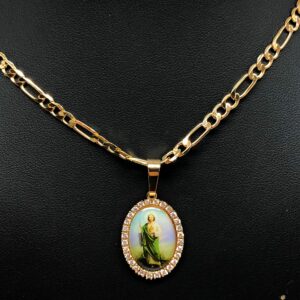 Gold Plated Saint Jude Pendant Necklace Figro 26" San Judas Tadeo Medalla Oro Laminado Figaro