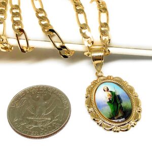 Gold Plated Saint Jude Pendant Necklace Figro 26" San Judas Tadeo Medalla Oro Laminado Figaro