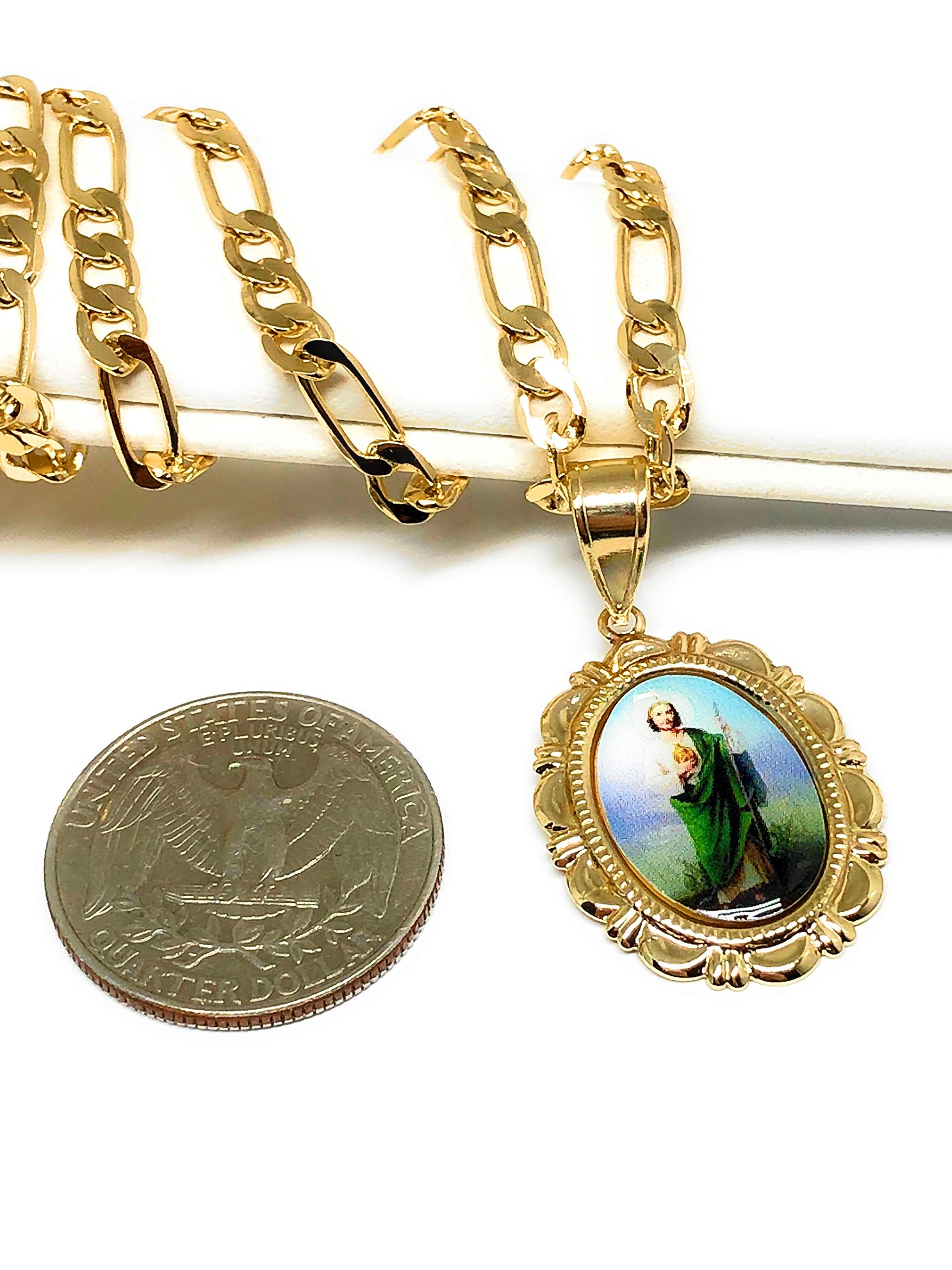 Gold Plated Saint Jude Pendant Necklace Figro 26" San Judas Tadeo Medalla Oro Laminado Figaro