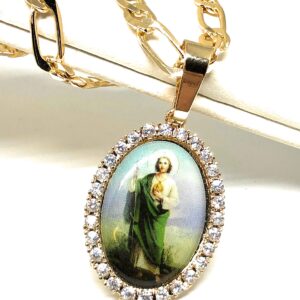 Gold Plated Saint Jude Pendant Necklace Figro 26" San Judas Tadeo Medalla Oro Laminado Figaro