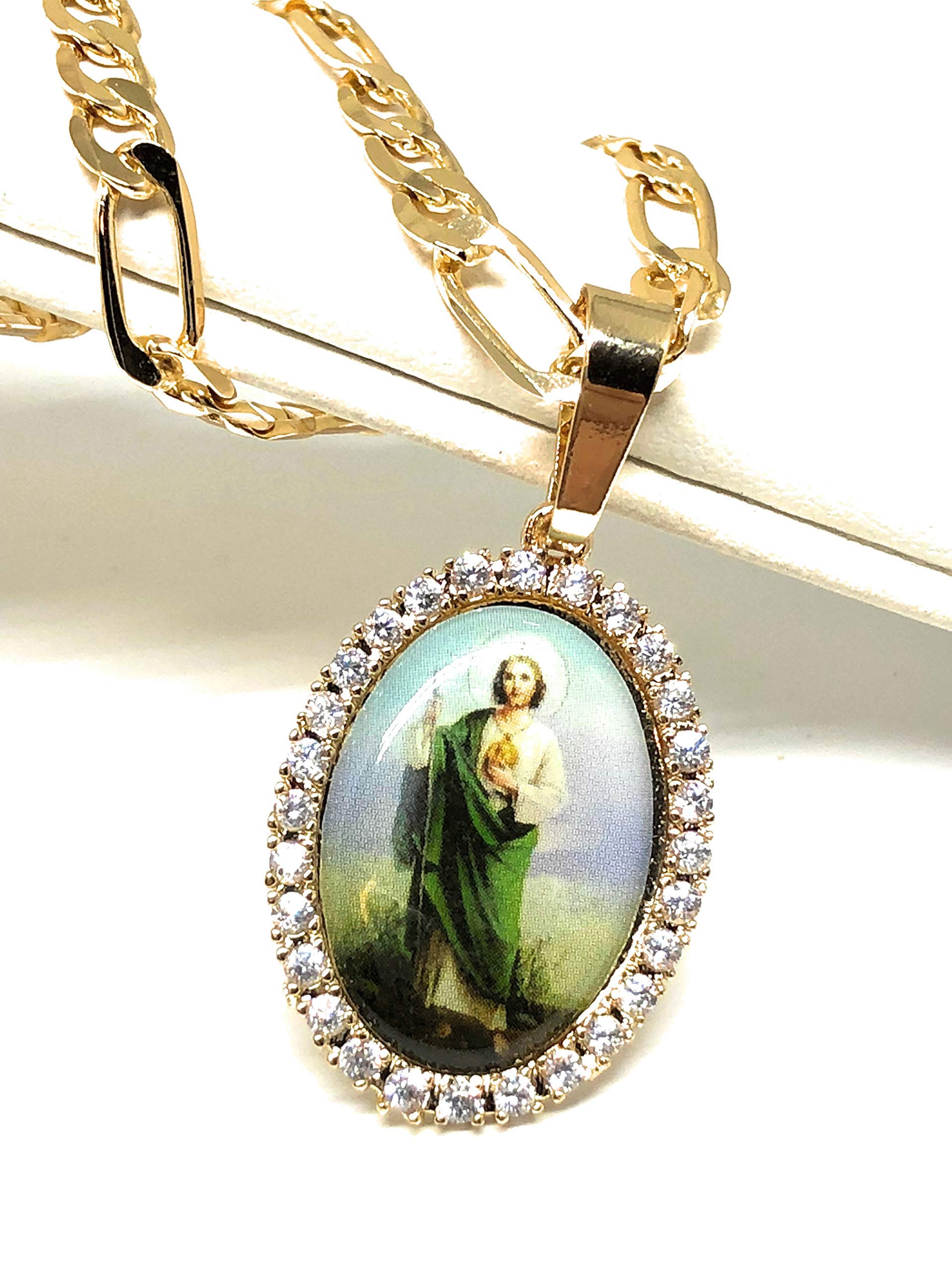 Gold Plated Saint Jude Pendant Necklace Figro 26" San Judas Tadeo Medalla Oro Laminado Figaro