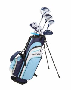 precise m3 petite women's right handed golf club set includes 12* driver, 3 wood, 21* hybrid, 7-9 cavity back irons, pitching wedge, putter, deluxe stand bag & 3 headcovers, stylish lite blue