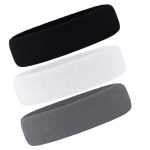 men & women sweatband headband terry cloth moisture wicking for sports,tennis,gym,work out (white,black,gray) one size