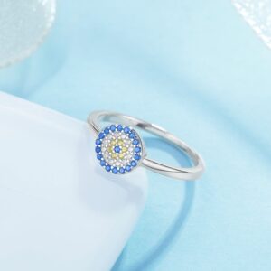 8mm Round Blue Evil Eye Band Ring in Sterling Silver 925 with Cubic Zirconia[Size 6]