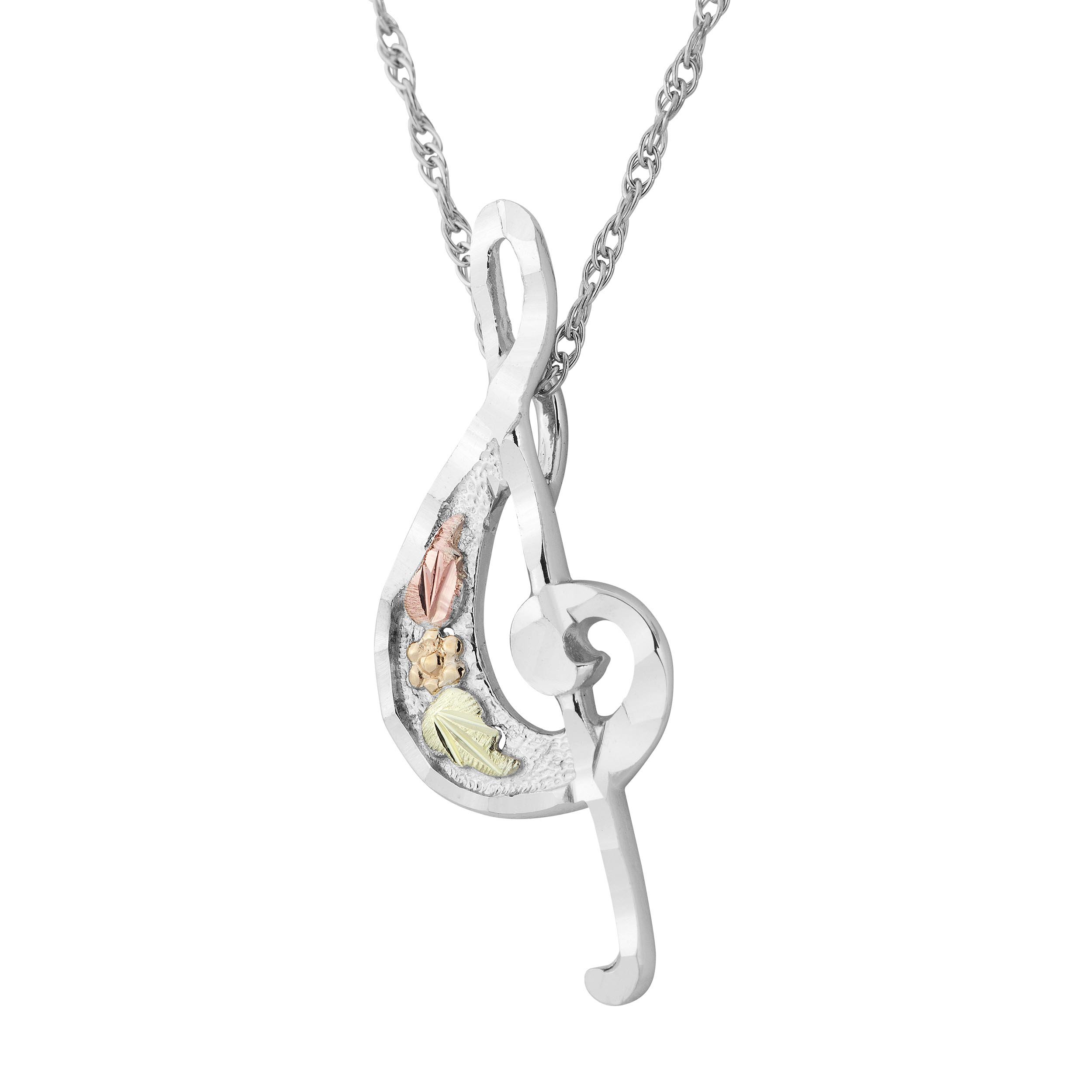 Landstroms Black Hills Gold Treble Clef Musical Note Pendant in Sterling Silver, 12k Gold Leaves