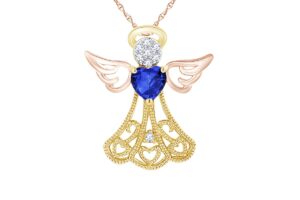 heart & round cut simulated blue sapphire & natural diamond accent angel pendant necklace jewelry for womens in two-tone 14k rose gold over sterling silver along with 18" silver chain