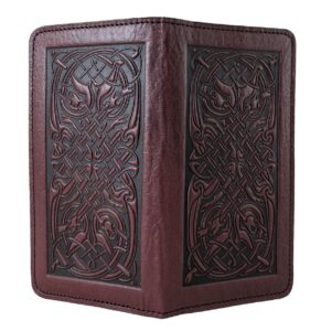 oberon design celtic hounds embossed genuine leather checkbook cover, 3.5x6.5 inches, wine, made in the usa