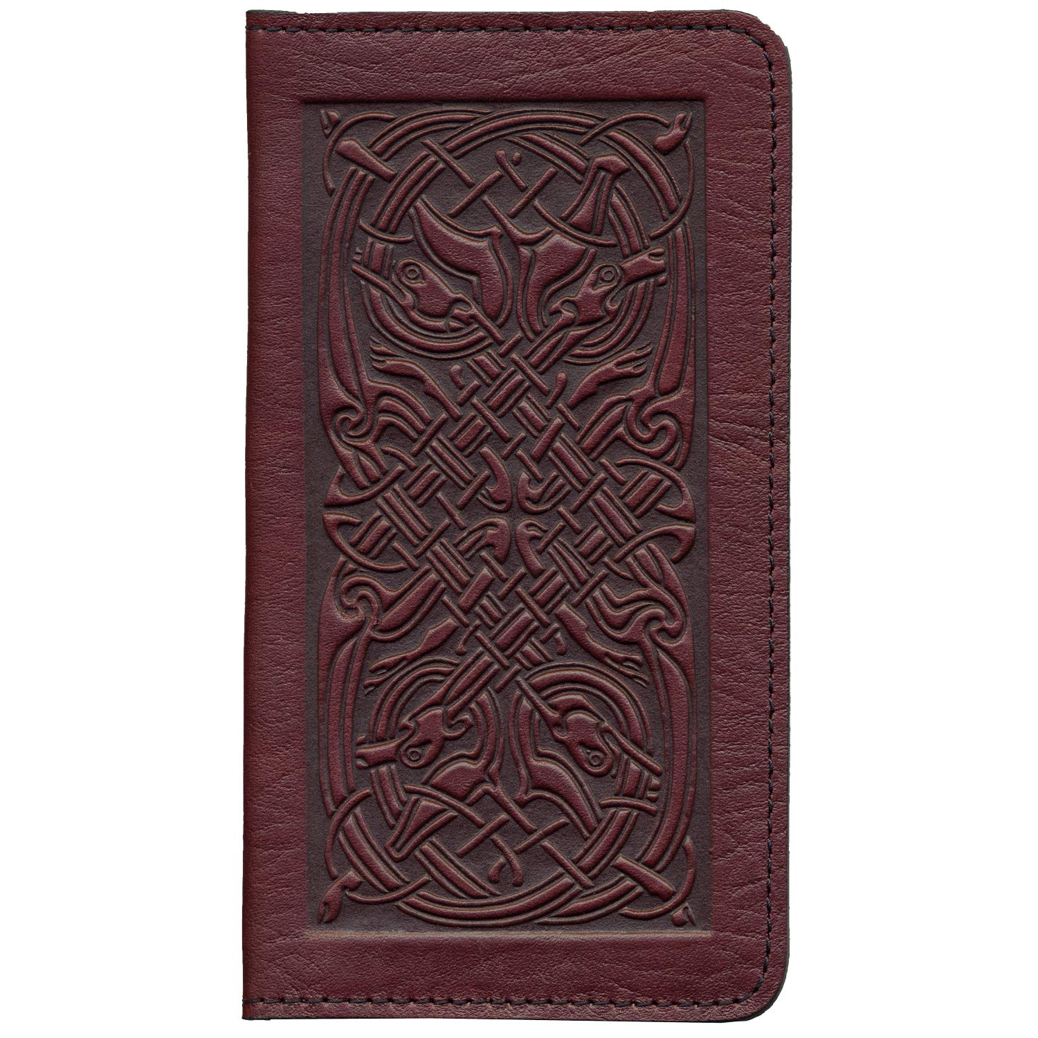 Oberon Design Celtic Hounds Embossed Genuine Leather Checkbook Cover, 3.5x6.5 Inches, Wine, Made in the USA