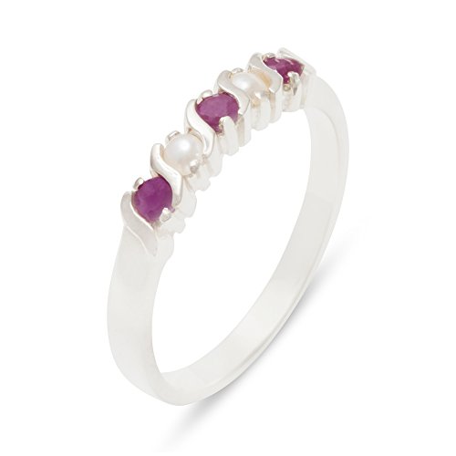 LetsBuyGold Solid 925 Sterling Silver Real Genuine Ruby & Cultured Pearl Womens Eternity Band Ring - 4 - Size 4