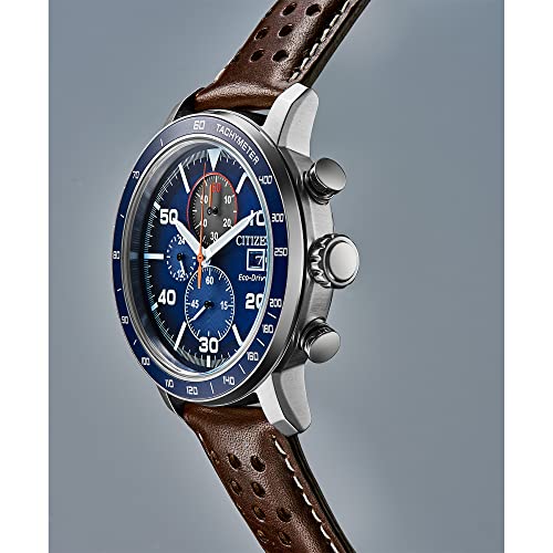 Citizen Men's Eco-Drive Weekender Brycen Chronograph Watch in Stainless Steel, Brown Leather strap, Blue Dial (Model: CA0648-09L)