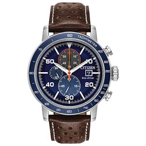 citizen men's eco-drive weekender brycen chronograph watch in stainless steel, brown leather strap, blue dial (model: ca0648-09l)