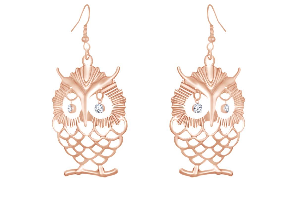 Round Shape White Cubic Zirconia Owl Dangle Earring In 14k Rose Gold Over Sterling Silver