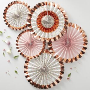 floral & rose gold foiled party fan decorations - 5 pack