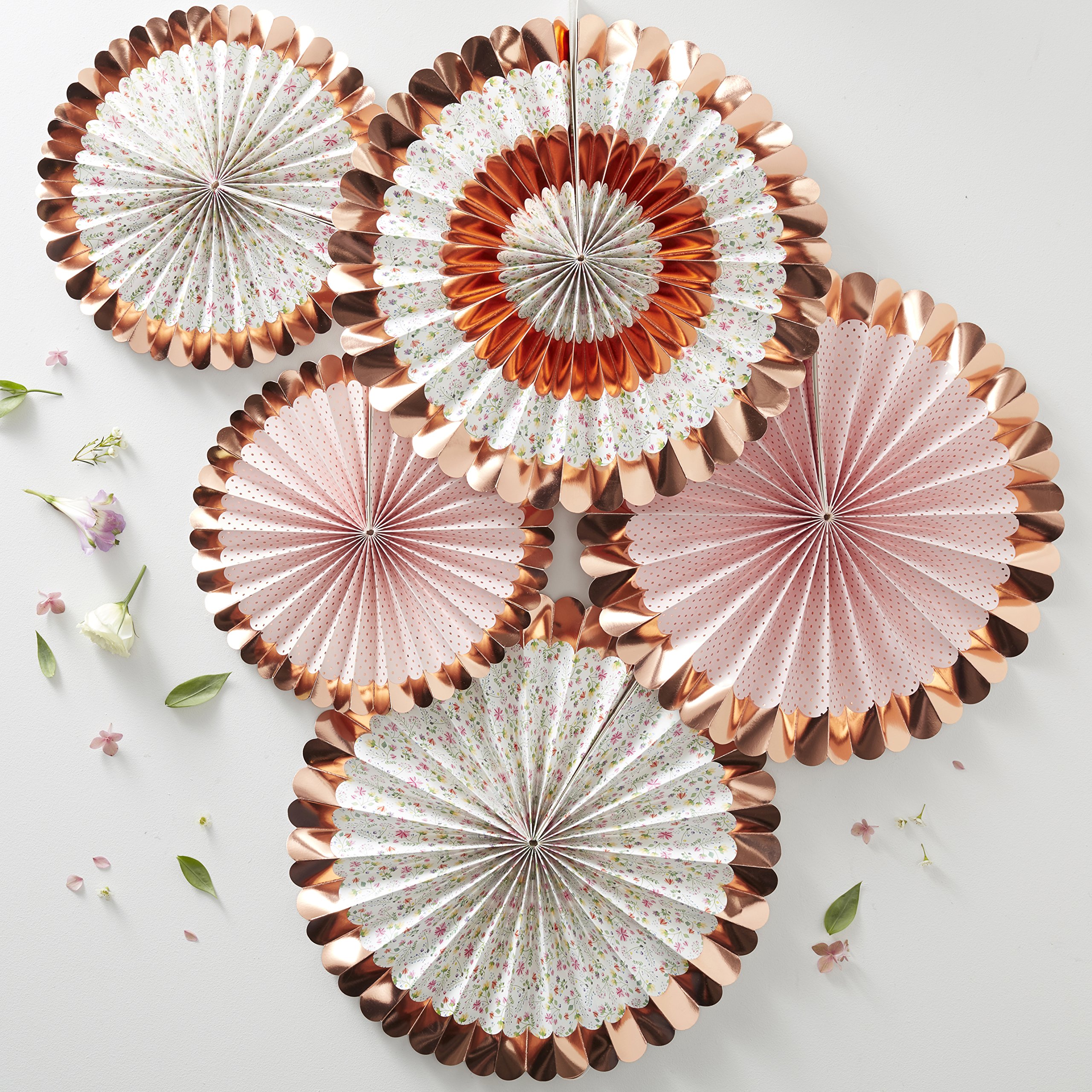 Floral & Rose Gold Foiled Party Fan Decorations - 5 Pack