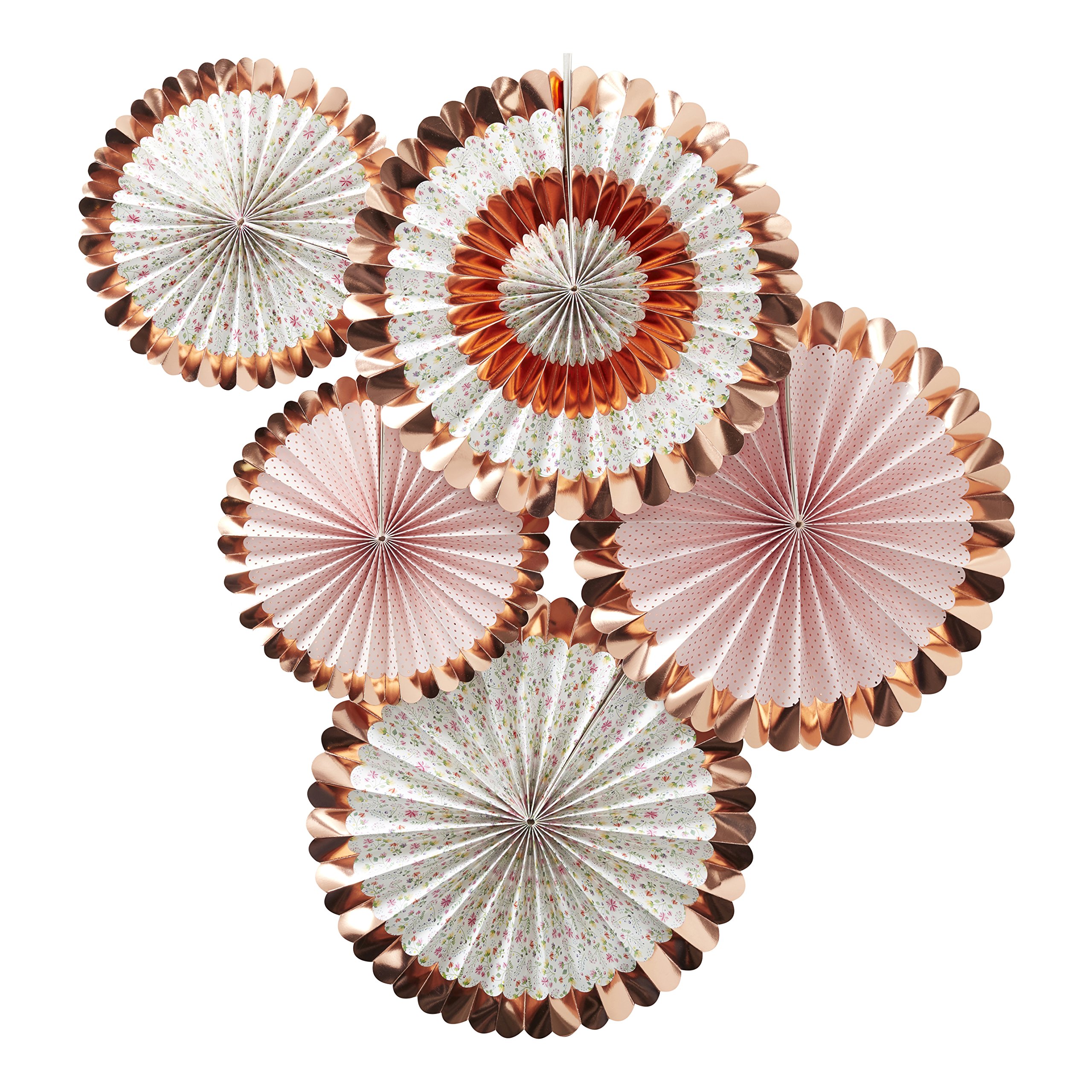 Floral & Rose Gold Foiled Party Fan Decorations - 5 Pack