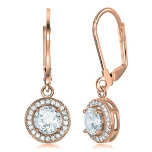 cate & chloe juliana 18k rose gold plated halo dangle earrings | women's gold drop dangle earrings with solitaire round cut cubic zirconia crystals, cz halo earring set for women, gift for her