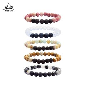 YISSION Essential Oil Bracelets Lava Rock Stone Matt Semi Precious Gemstone Bracelet for Man Women Stretch Anxiety Bracelet Set for Work School Yoga Gifts