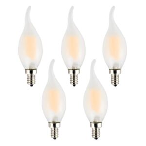 opalray c35 2w(25w incandescent equivalent) led candelabra bulb, dimmable, led filament lamp, warm white light 2700k, frosted glass cover, e12 small base, flame tip, 5-pack