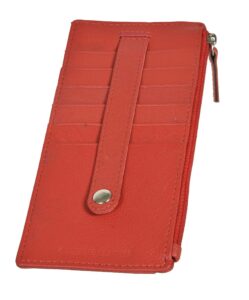 leatherboss genuine leather women's all in one credit business card case holder slim zipper wallet with a card protection strap, red