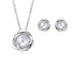 "lovely rose" high polished 925 sterling silver earrings with 7-8mm natural freshwater pearl (jewels set)