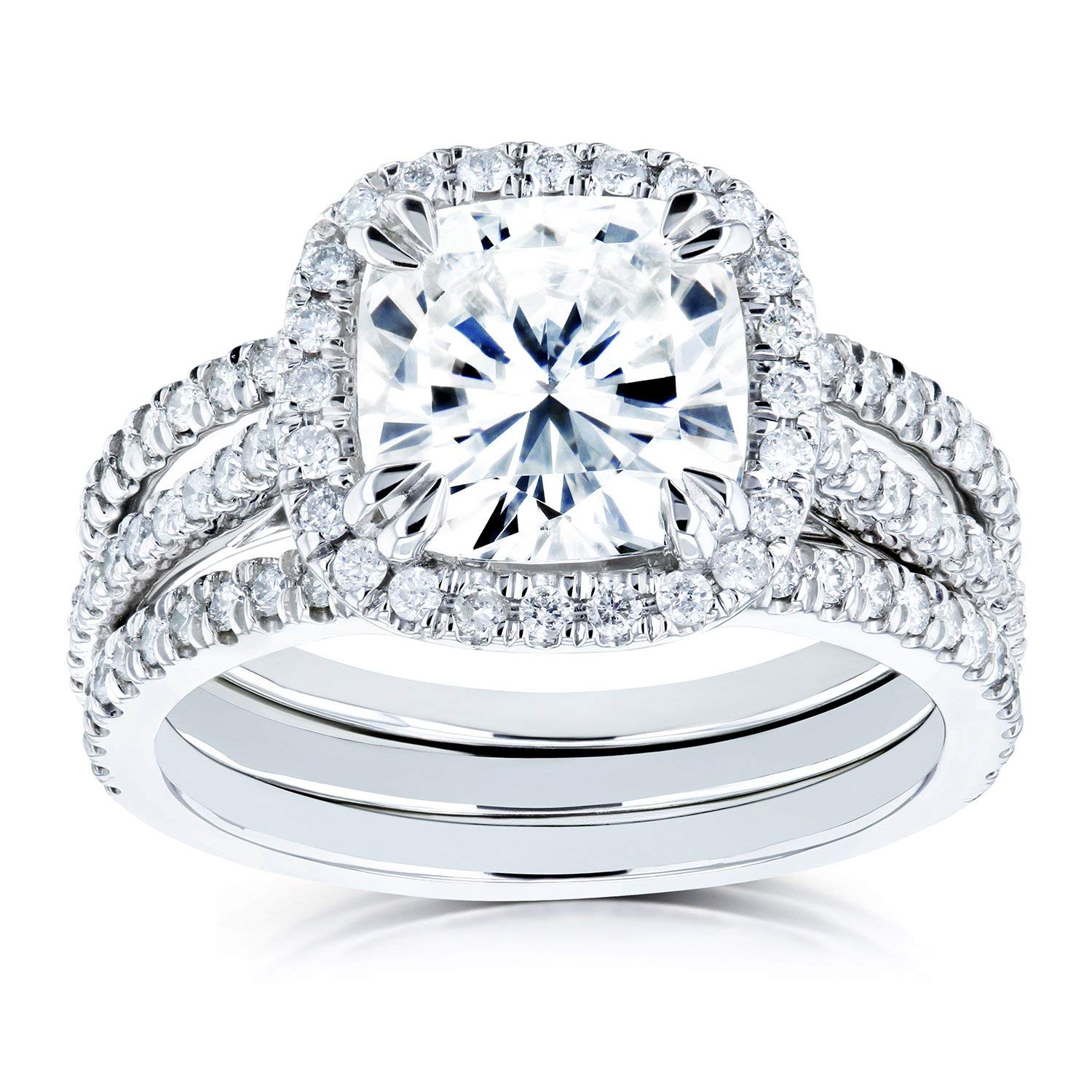 Kobelli Cushion Forever One Moissanite Halo Bridal Rings Set 2 1/2 CTW 14k White Gold (DEF/VS, GH/I), 10.5