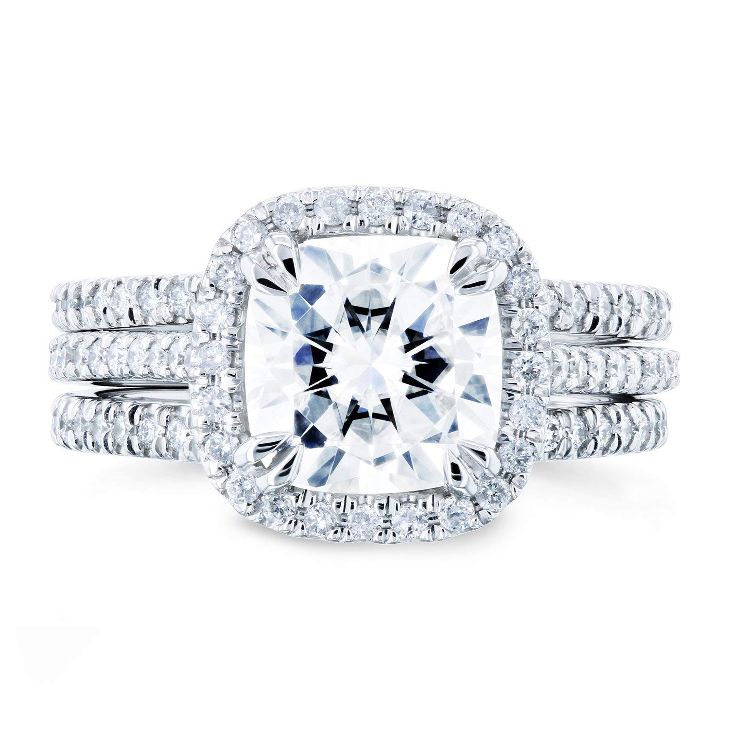 Kobelli Cushion Forever One Moissanite Halo Bridal Rings Set 2 1/2 CTW 14k White Gold (DEF/VS, GH/I), 10.5